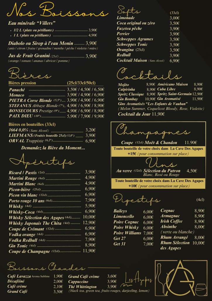 Menu / Carte du Restaurant - RESTAURANT & CAVE Les Agapes à ...